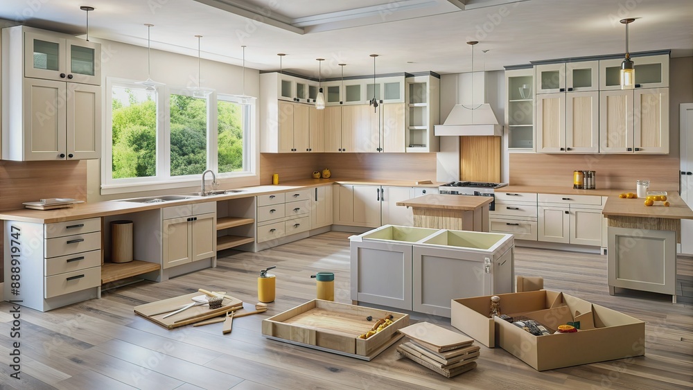 Unassembled kitchen cabinets and countertops scattered across the floor ...