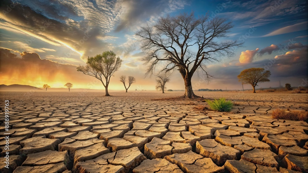 Dry, cracked soil with deep fissures in a barren landscape, surrounded ...