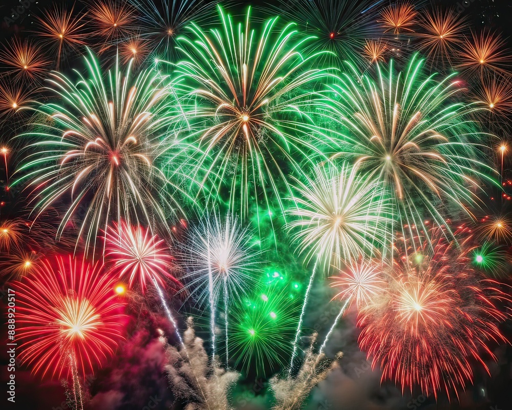 Vibrant fireworks explode in green, white, and red, proudly displaying ...
