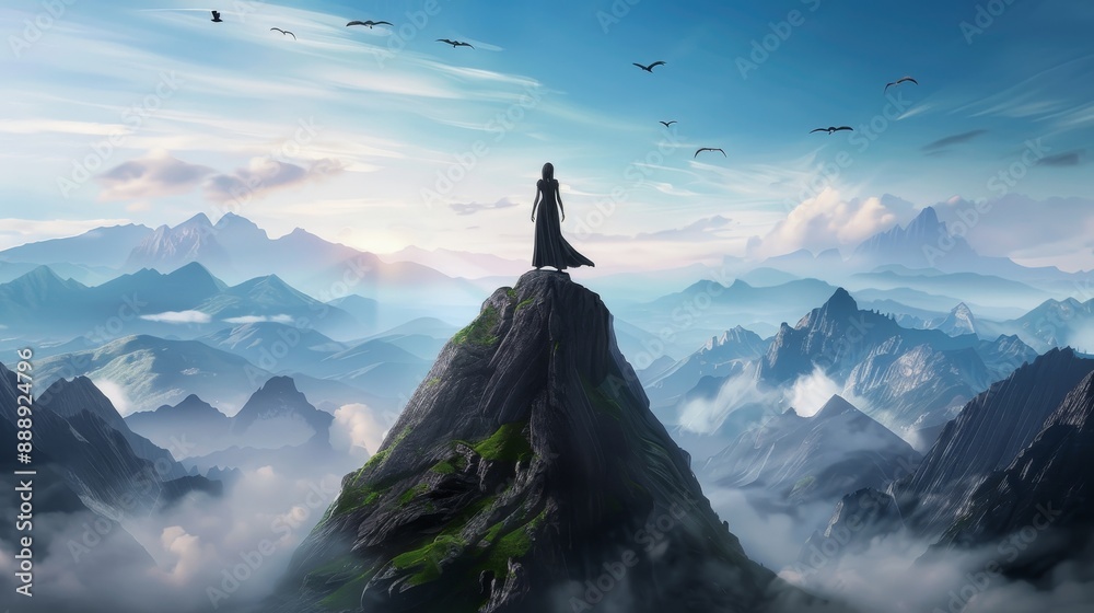 Fantasy book cover art depicting a brave heroine standing atop a cliff ...