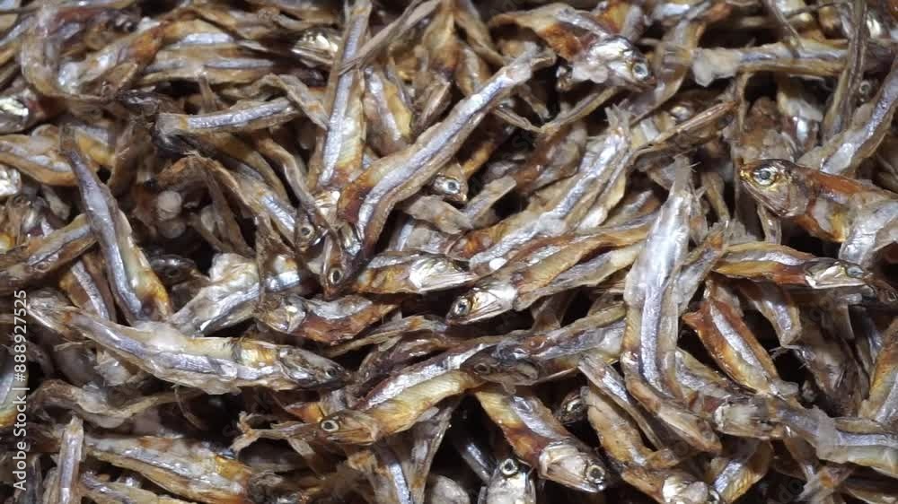 A pile of dried anchovies displayed in a fish market, Little dried fish ...