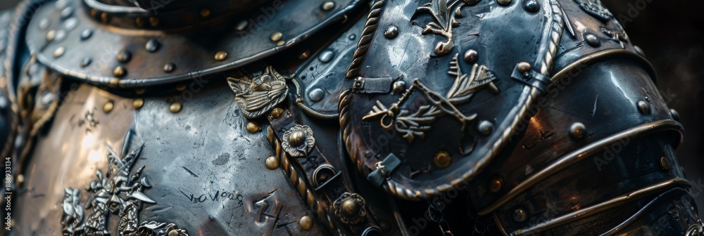 Closeup of battle-worn medieval armor reveals intricate details and ...