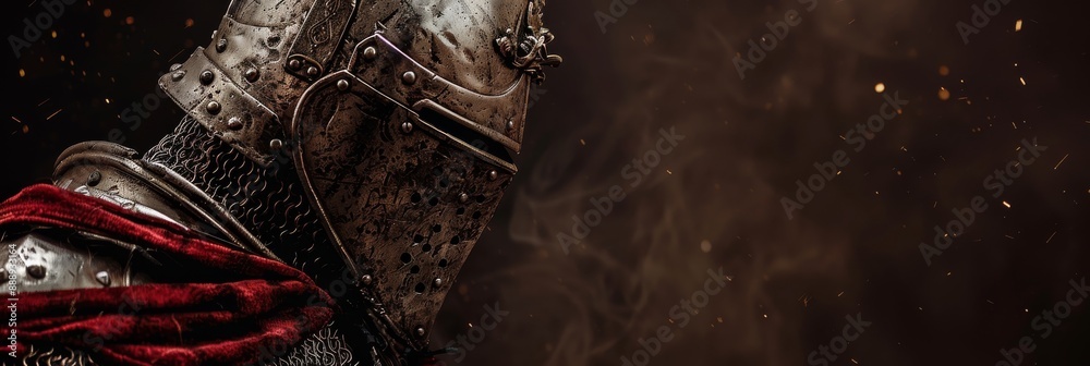 Detailed side view of medieval warrior's armor with chainmail, metal ...
