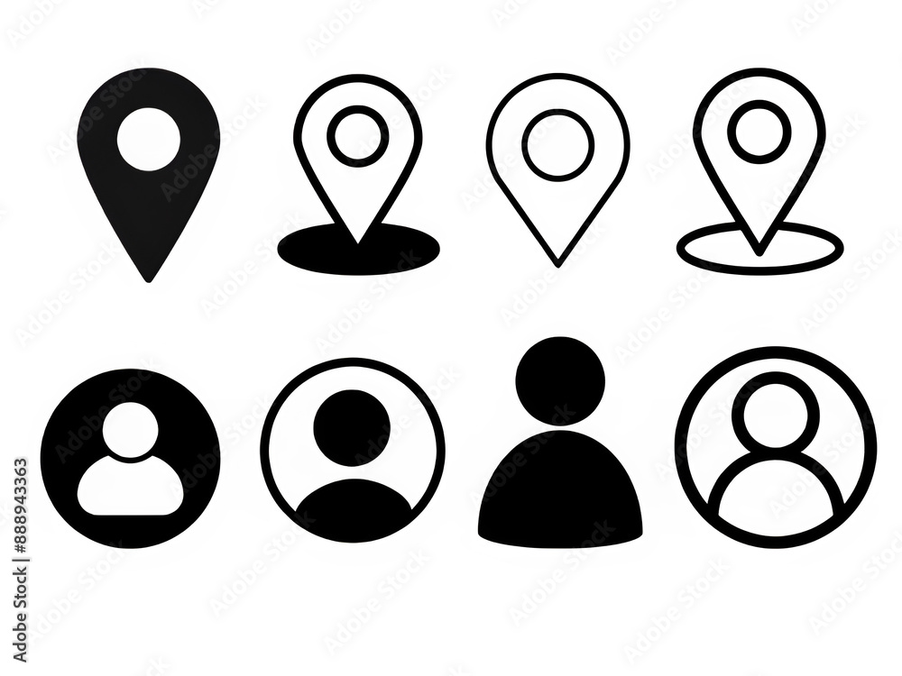Profile and location icon sets isolated on blank background ...