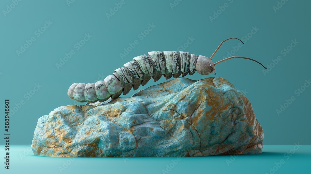 Stone centipede rising on a solid teal blue backgr 277 caterpillar ...