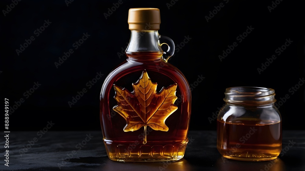 Glass bottle of sweet maple syrup liquid on black background empty copy ...