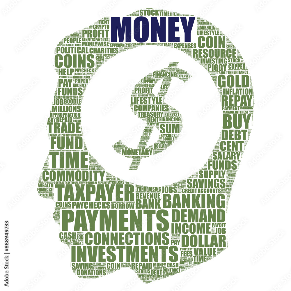 word cloud illustration of a man head silhouette with dollar symbol ...