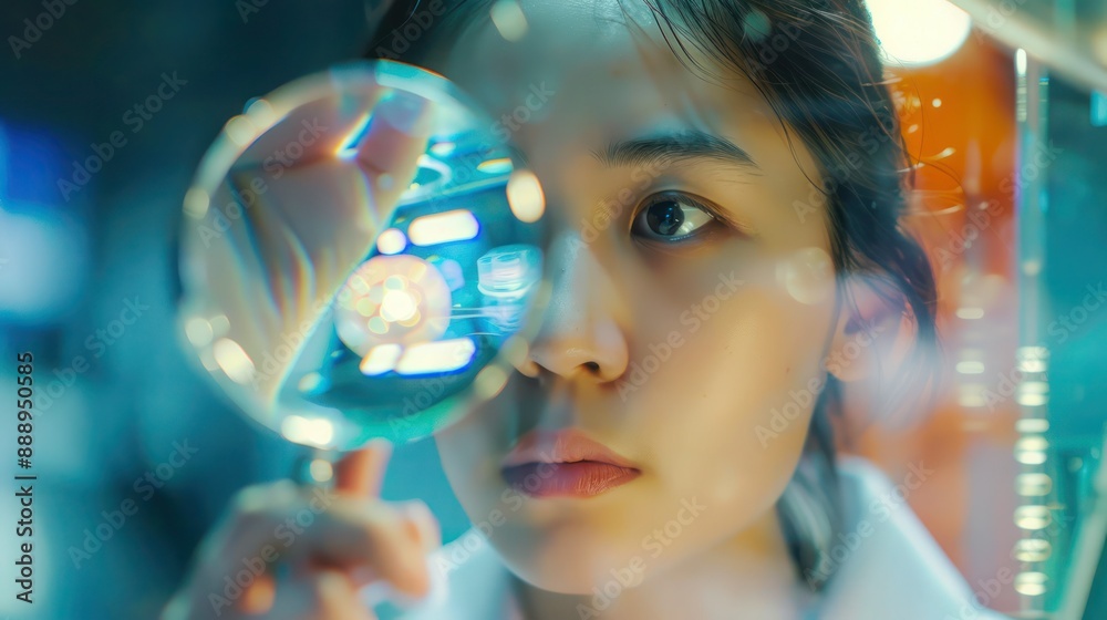 Particles, magnifying glass or scientist in laboratory for research ...