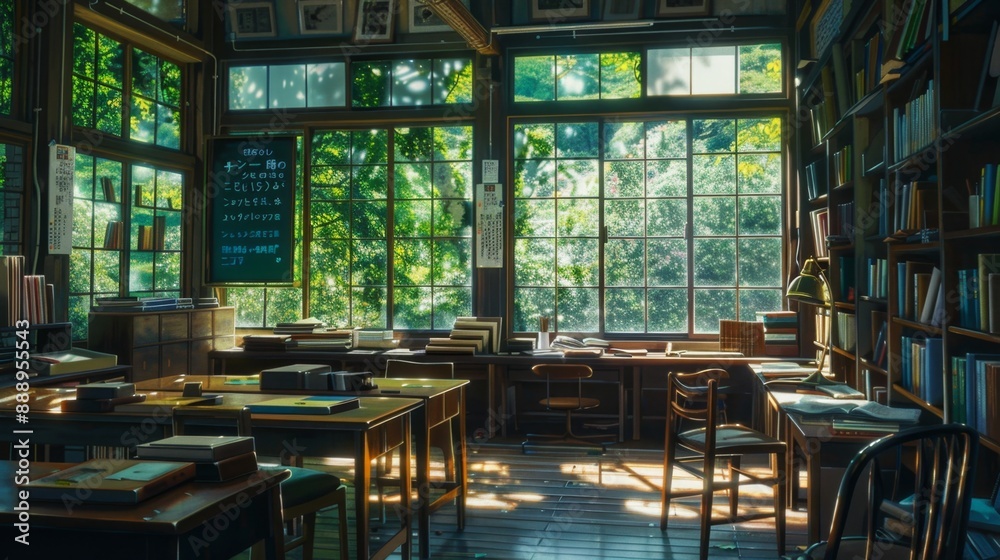 An old Japanese classroom with windows and tables, shelves with books ...