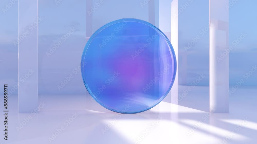 A 3D animation of a round glass disk rotating around its axis. The ...