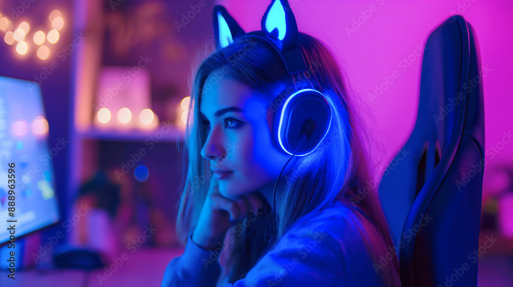 Side profile of beautiful young teenage female, esports gamer girl or ...