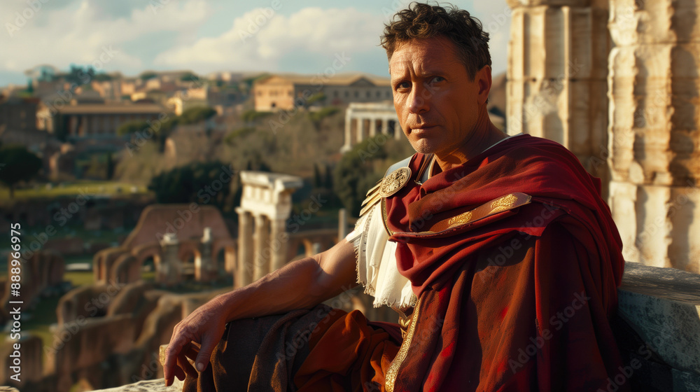 Julius Caesar wearing toga and armor sitting in ancient ruins with ...