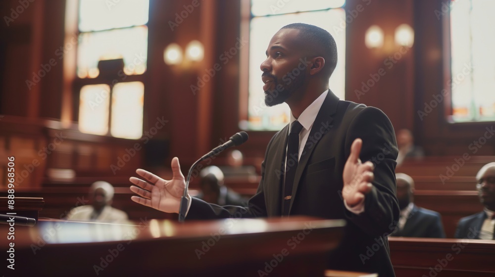 Court of Justice and Law Trial: Male Public Defender Presenting Case ...