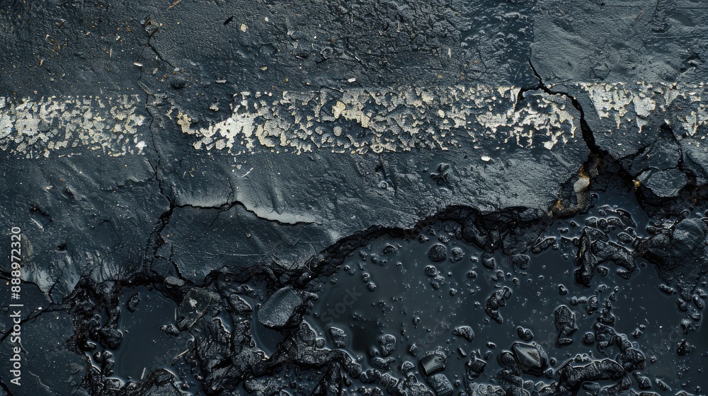 Fuel or oil spills on an asphalt road after melted snow as a texture or ...