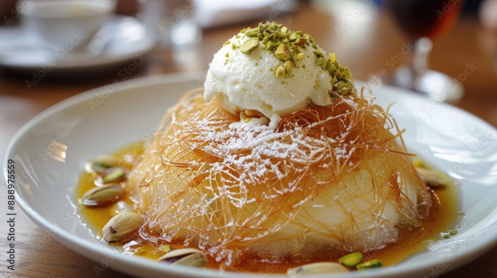 Kunafa with ice cream and pistachio on top in a plate Kunafa is popular ...