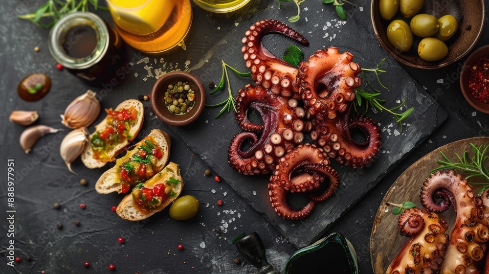 Flat lay food photography of sliced octopus beautiful decorated Top ...