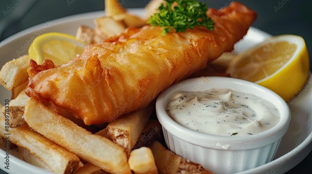 A plate of deep fried cod fish and chips with a lemon slice and sauce ...
