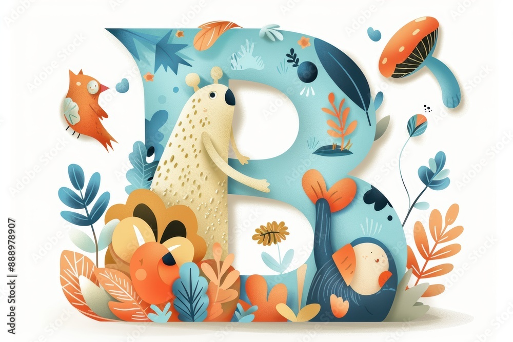 A cute and whimsical illustration of the alphabet letter B with ...