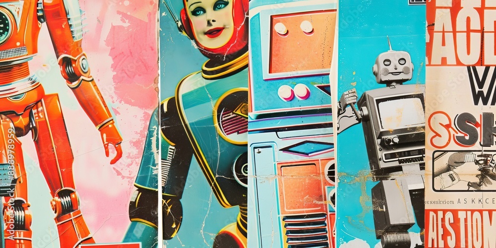 A colorful collage of vintage robot images in a cut-and-paste style ...