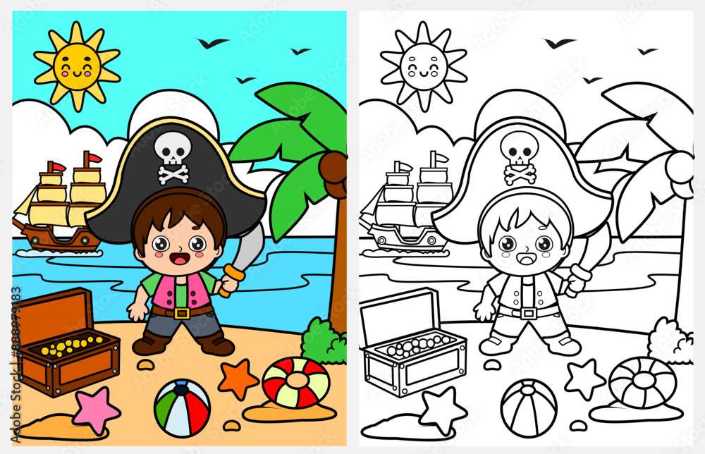 Cute cartoon pirate boy coloring page for kids, summer coloring pages ...