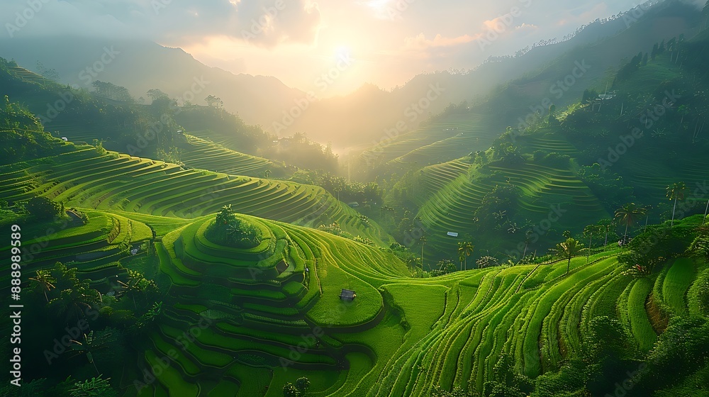 Expansive terraced rice fields on a hillside, vibrant green layers ...