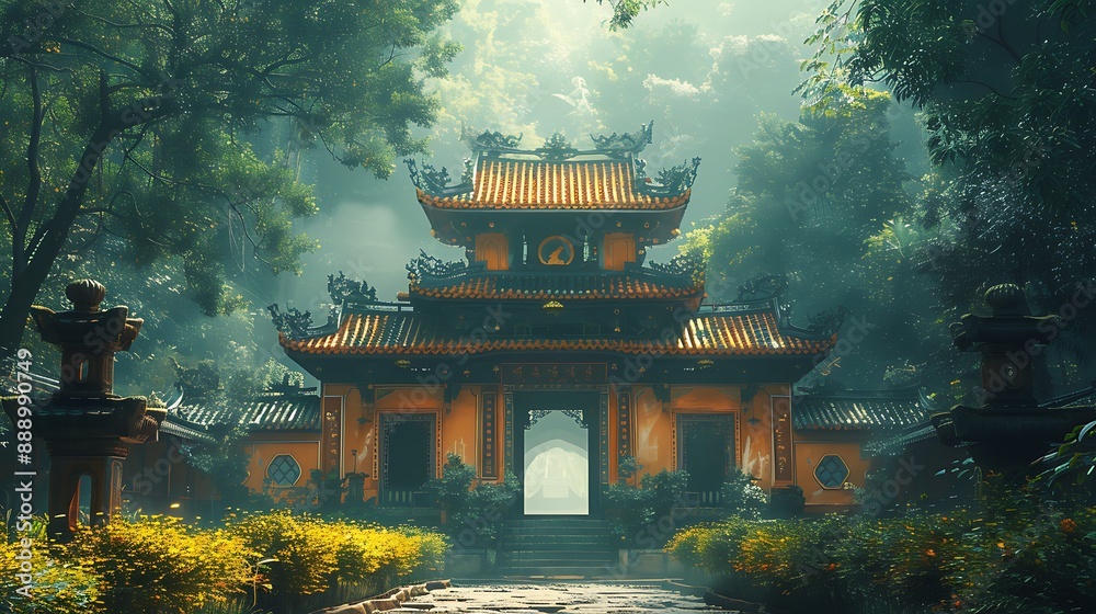 Serene countryside temple in Vietnam, enveloped by dense green foliage ...