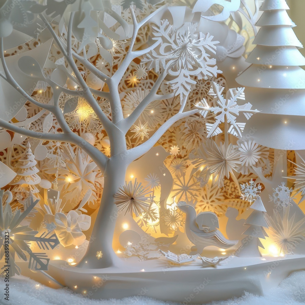 intricate 3d paper sculpture of a whimsical winter wonderland delicate ...