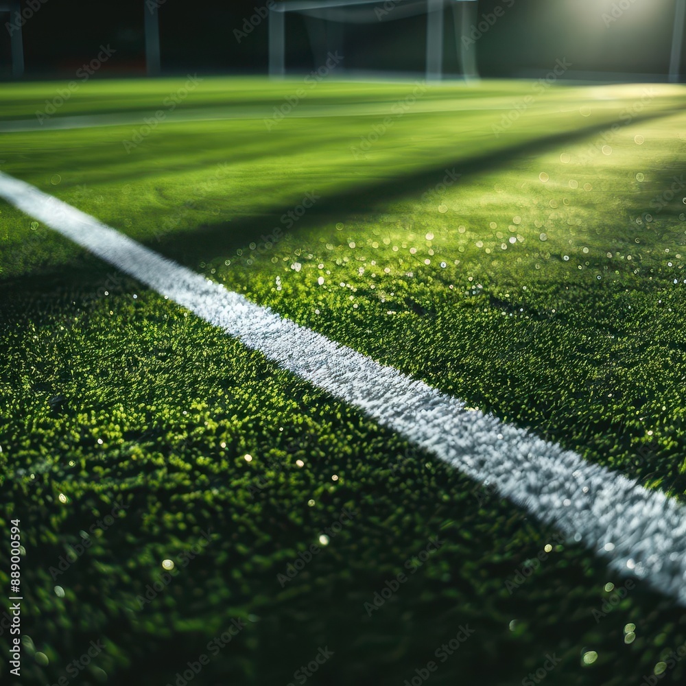 lush green soccer field closeup crisp white boundary lines stadium ...