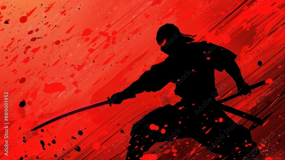 Striking D depiction of a samurai in combat stance with glowing eyes on ...