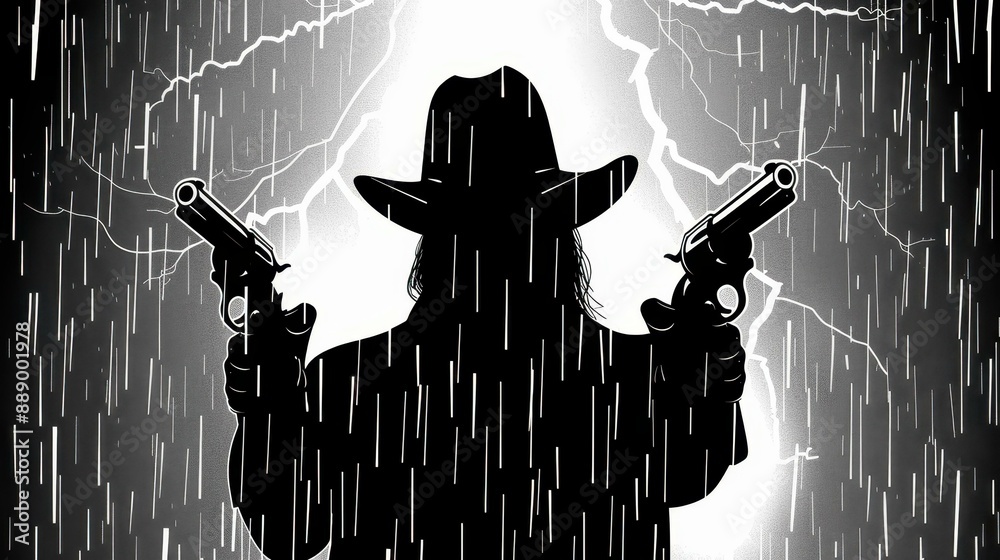 Eerie illustration of a sinister cowboy in a hat, soaked in rain with ...