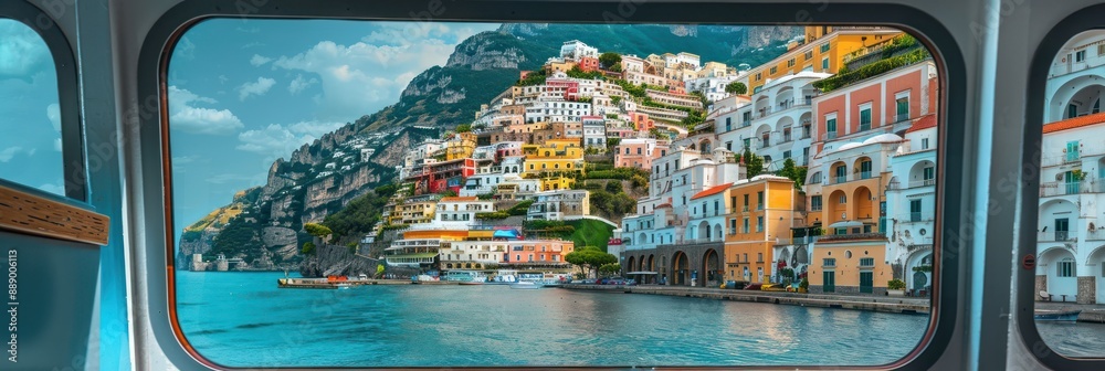 Panoramic Amalfi Coast Italy view shows colorful buildings lining coast ...