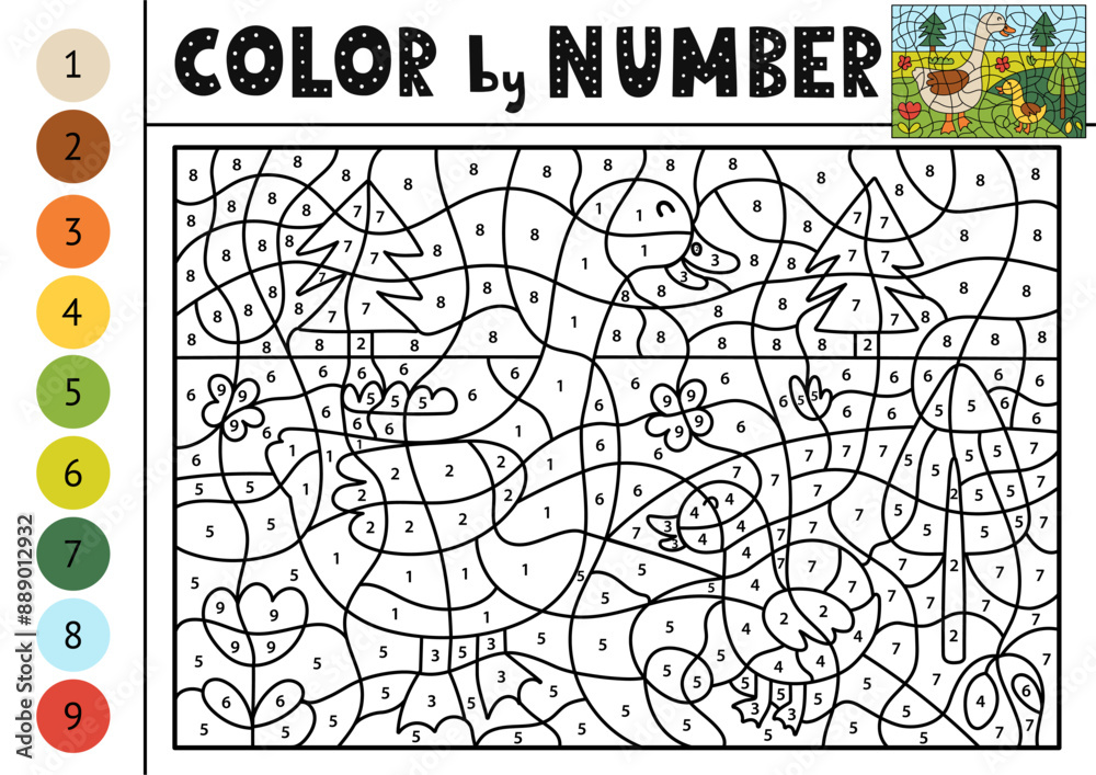 Color by number activity page for kids with a cute mother goose and a ...