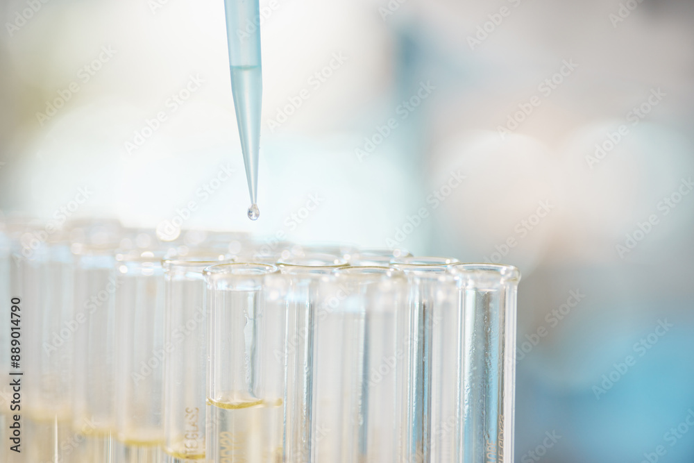 Science, chemical and pipette by test tubes in laboratory for vaccine ...