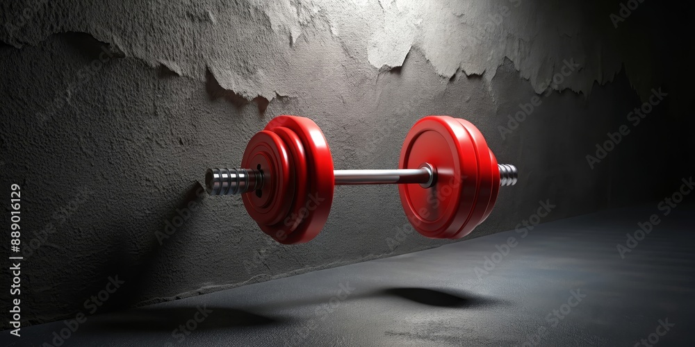 Red dumbbell flying out of a rift in the black wall, , fitness ...