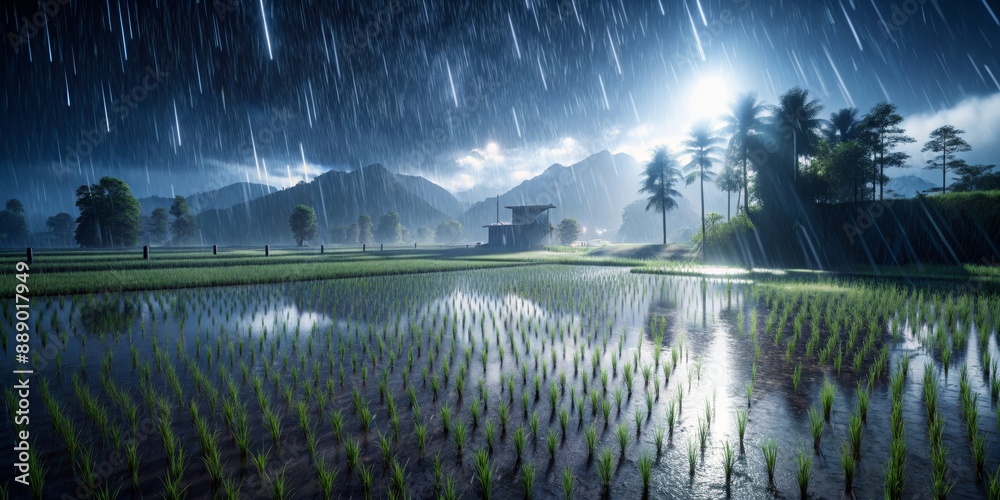Heavy rain in a rice field at night, rendered in Unreal Engine in 8k ...