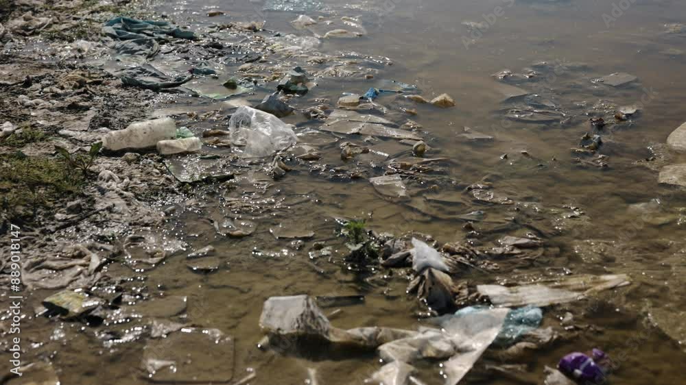 Plastic waste, Land contamination, Pollution awareness. Pond and ...