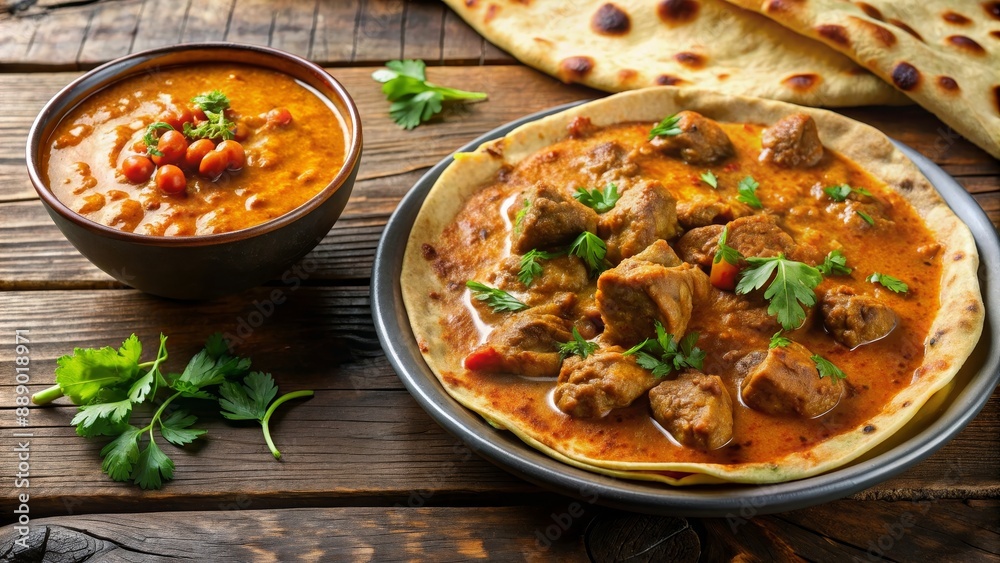 Delicious Roti Parata with savory lamb curry sauce, served hot and ...