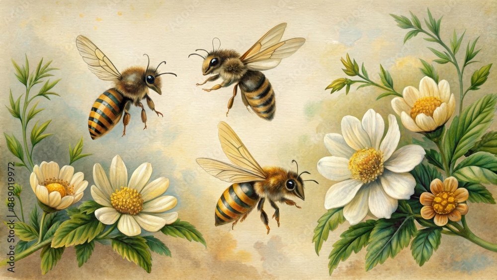 Vintage scientific of three bees flying around a flower , vintage ...