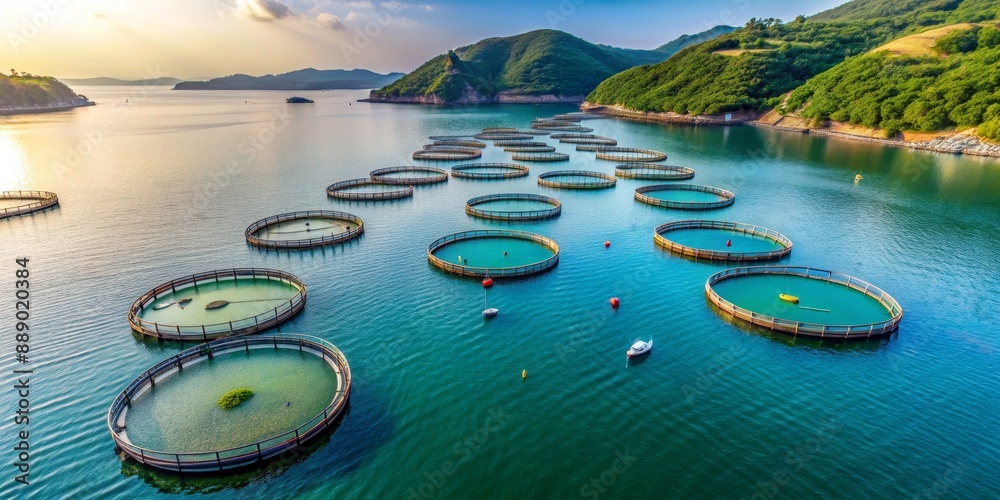 Round fish farm cages in the sea near the green coast top view, fish ...