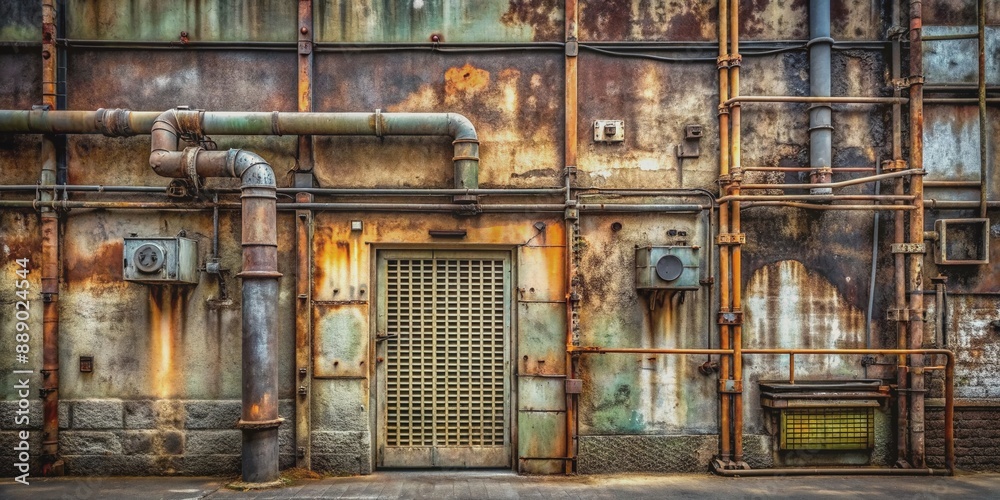 Weathered concrete walls with rusty pipes, worn metal gratings, and ...