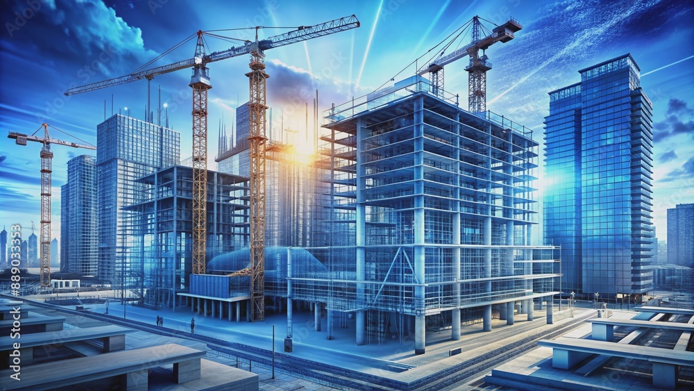 Illuminated digital blueprint of a futuristic building under ...