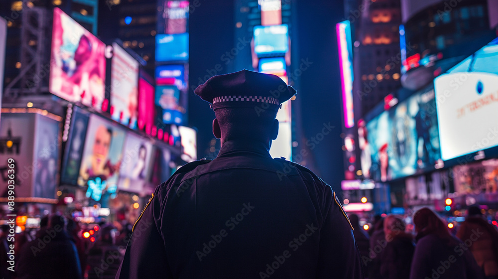 The back of a police officer facing the giant digital screens and ...