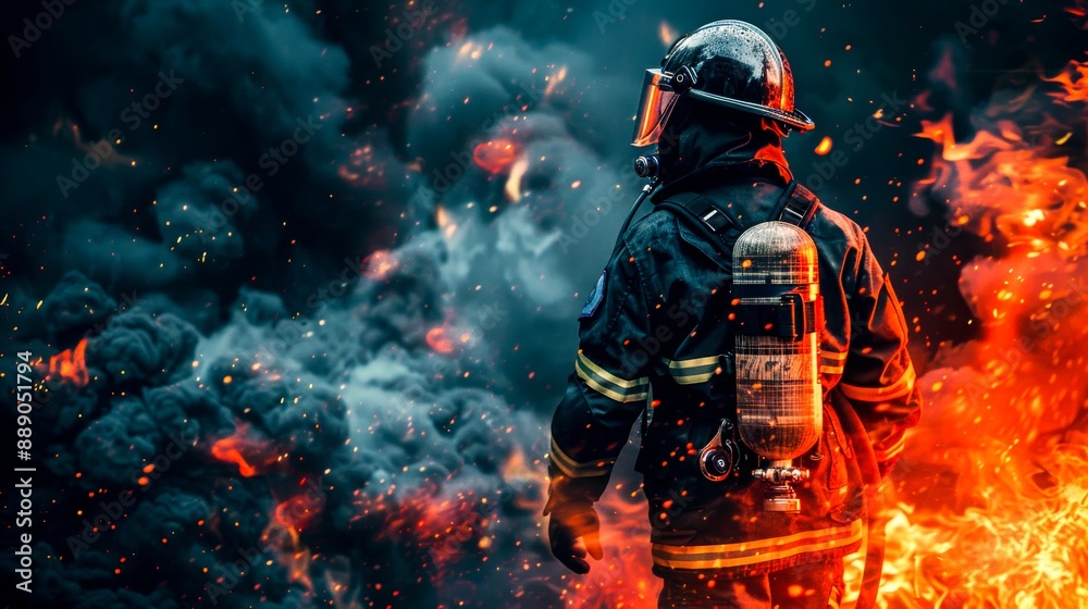 Poster Fire-fighting with showcasing a fire effect, a firefighter in ...