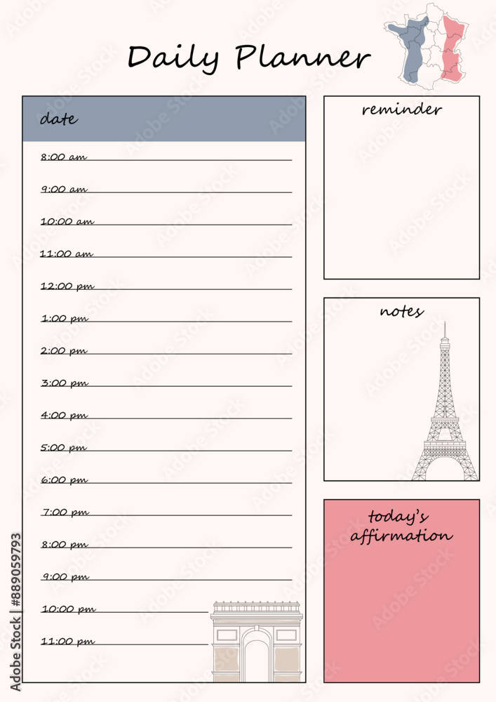 French themed daily planner template with sections for schedule, notes ...