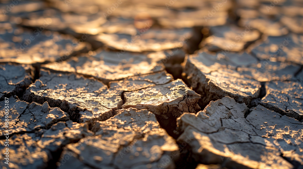 Deeply cracked soil in golden sunlight. Intricate web of fissures ...