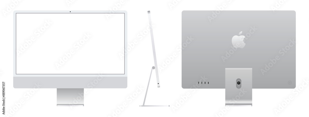 Apple iMac device mockup silver vector set. Apple iMac monoblock ...