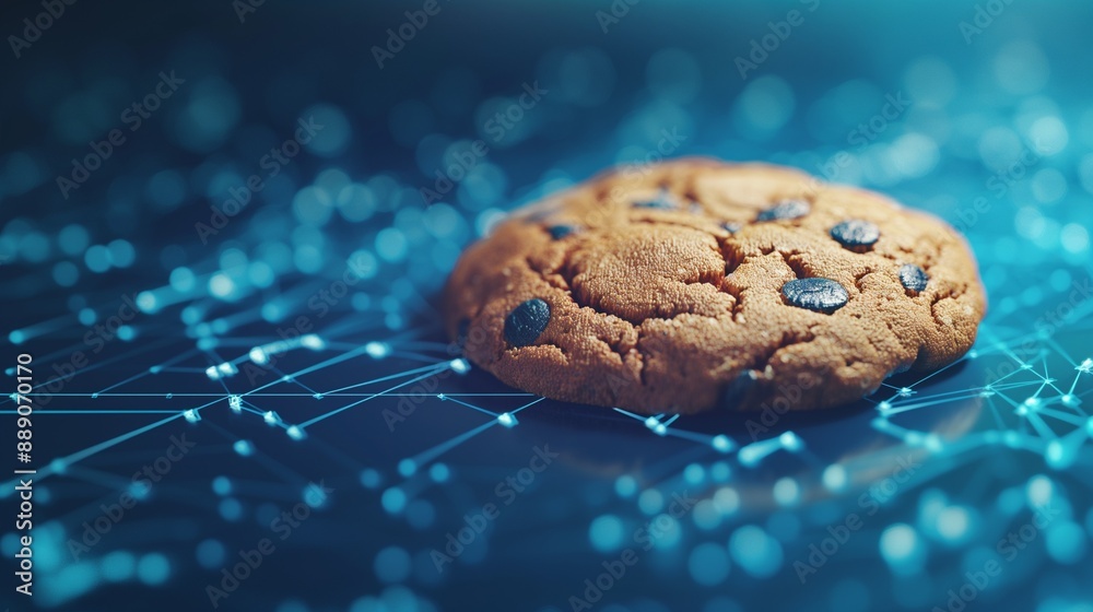Single chocolate chip cookie on a blue background with abstract network ...