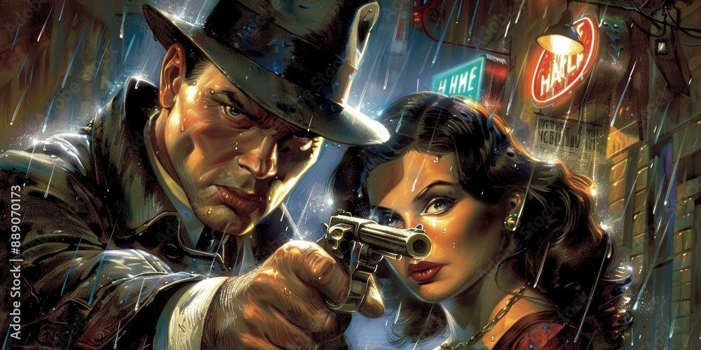 Detective couple in a rain-soaked, gritty city at night, capturing the ...