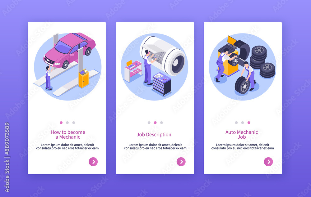 Isometric mechanic app design template set with employees working in a ...