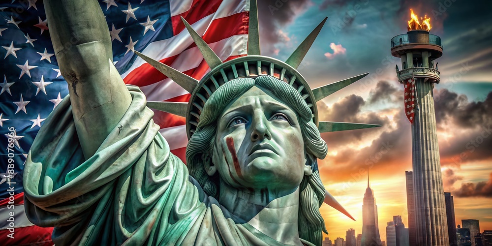 Tearful liberty icon weeps in distress, torch extinguished, tablet ...